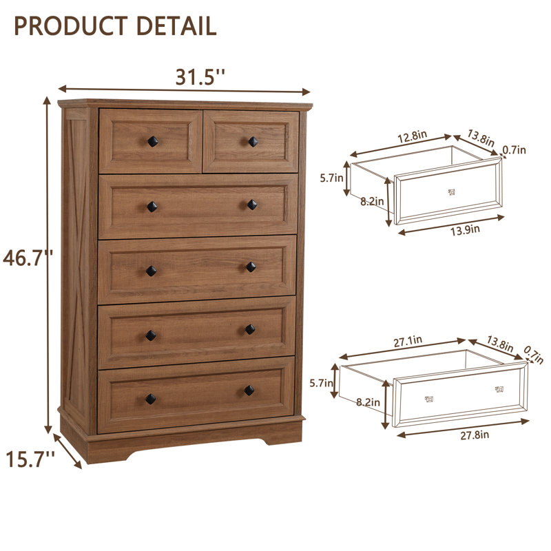August Grove® Farmhouse 6 Drawer Bedroom Dresser, Wood Tall Chest of Drawers, Closet Storage for ...